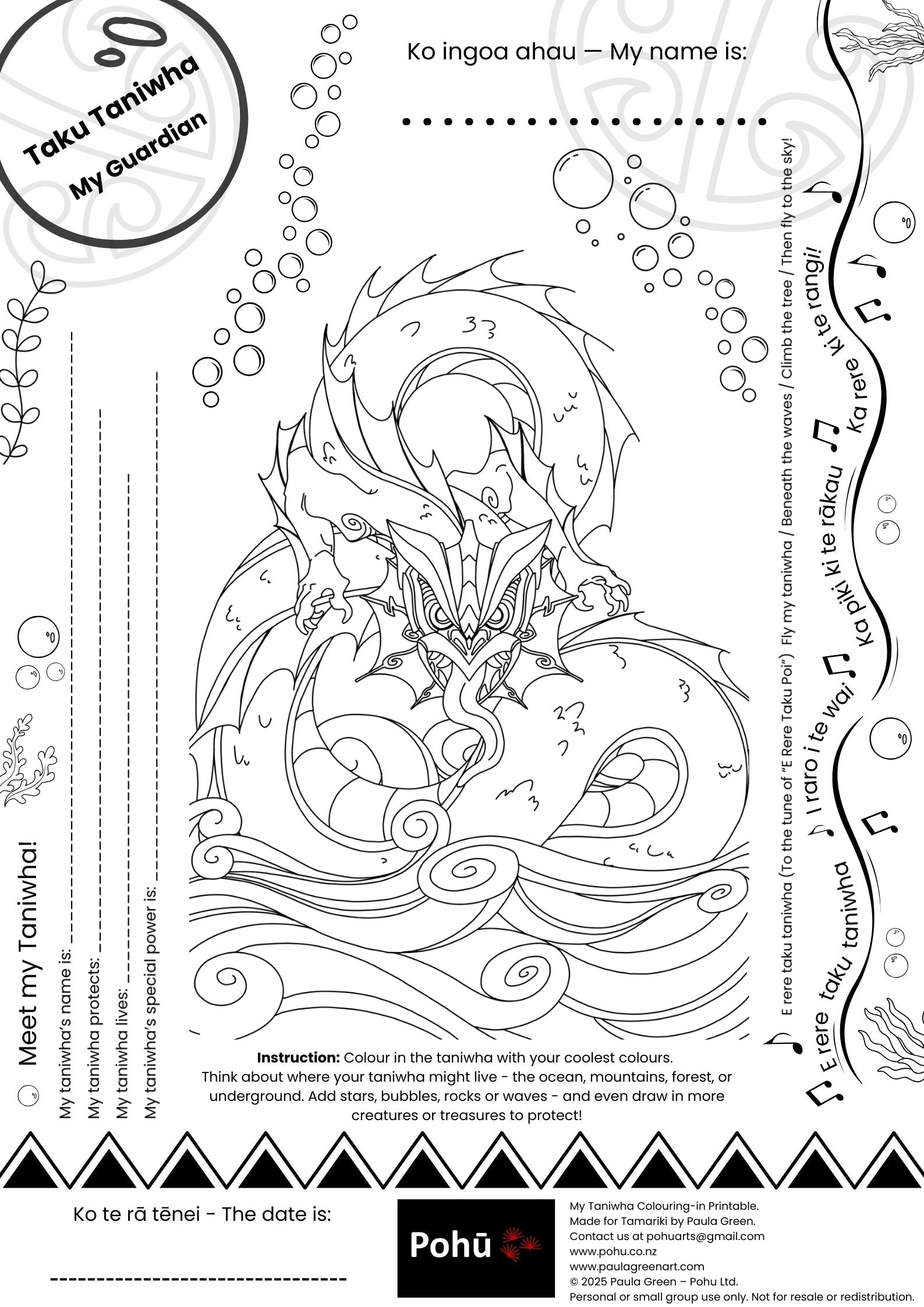 Taniwha Colouring-In Pohū printable – Paula Green Art